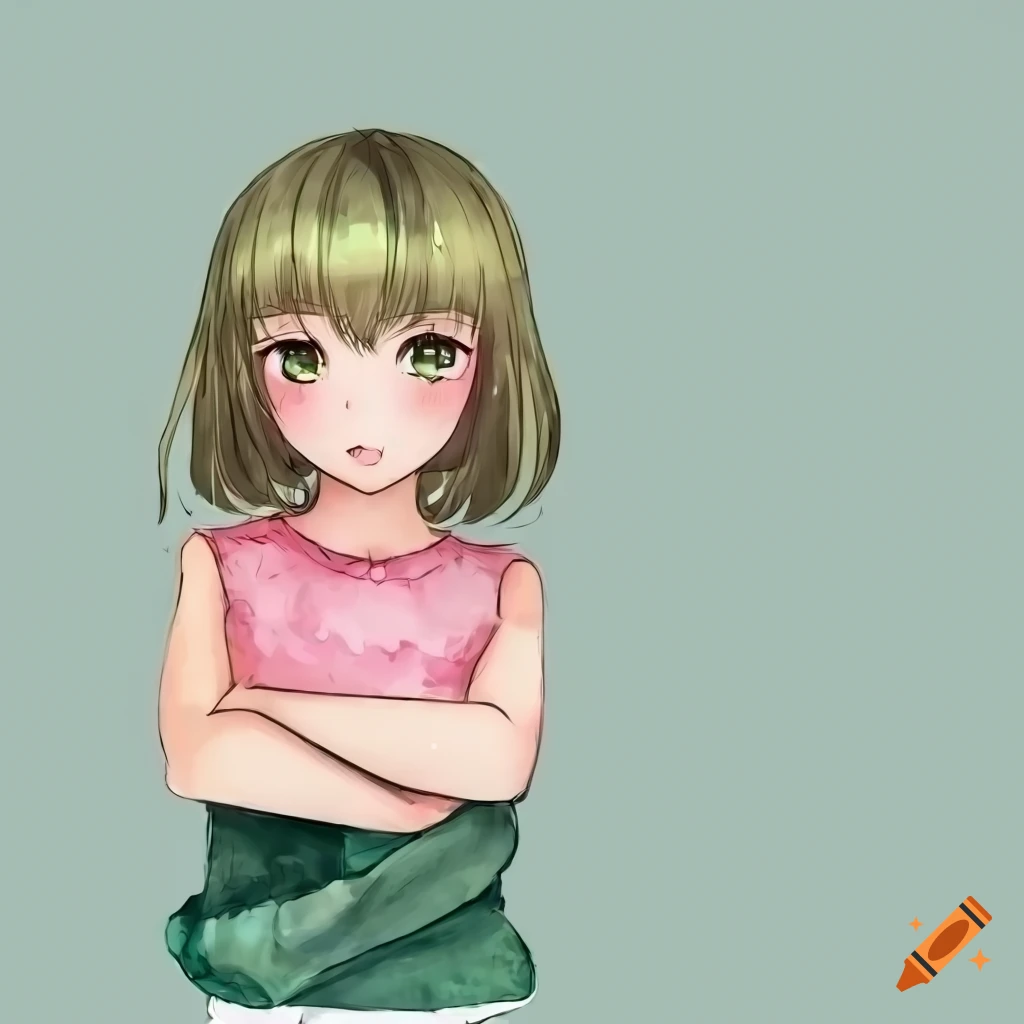 Anime Girl With Blonde Hair And Green Eyes Wearing A Light Pink Sleeveless T Shirt Arms Crossed