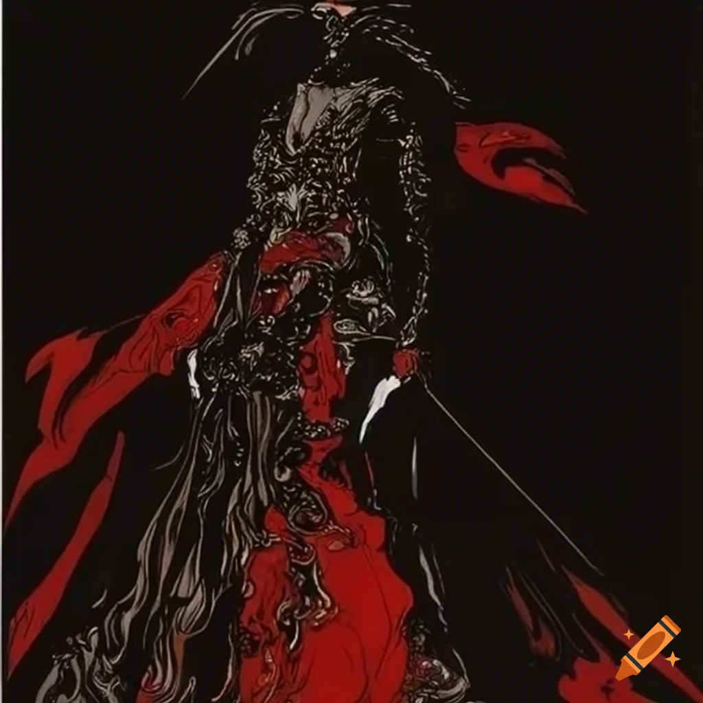 Powerful warrior in a dark cloak inspired by Yoshitaka Amano's style on ...