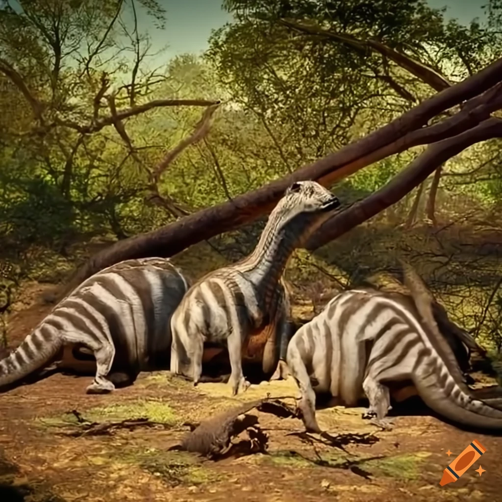Three hadrosaurs resting in the shade of a tree in a sunny clearing on ...