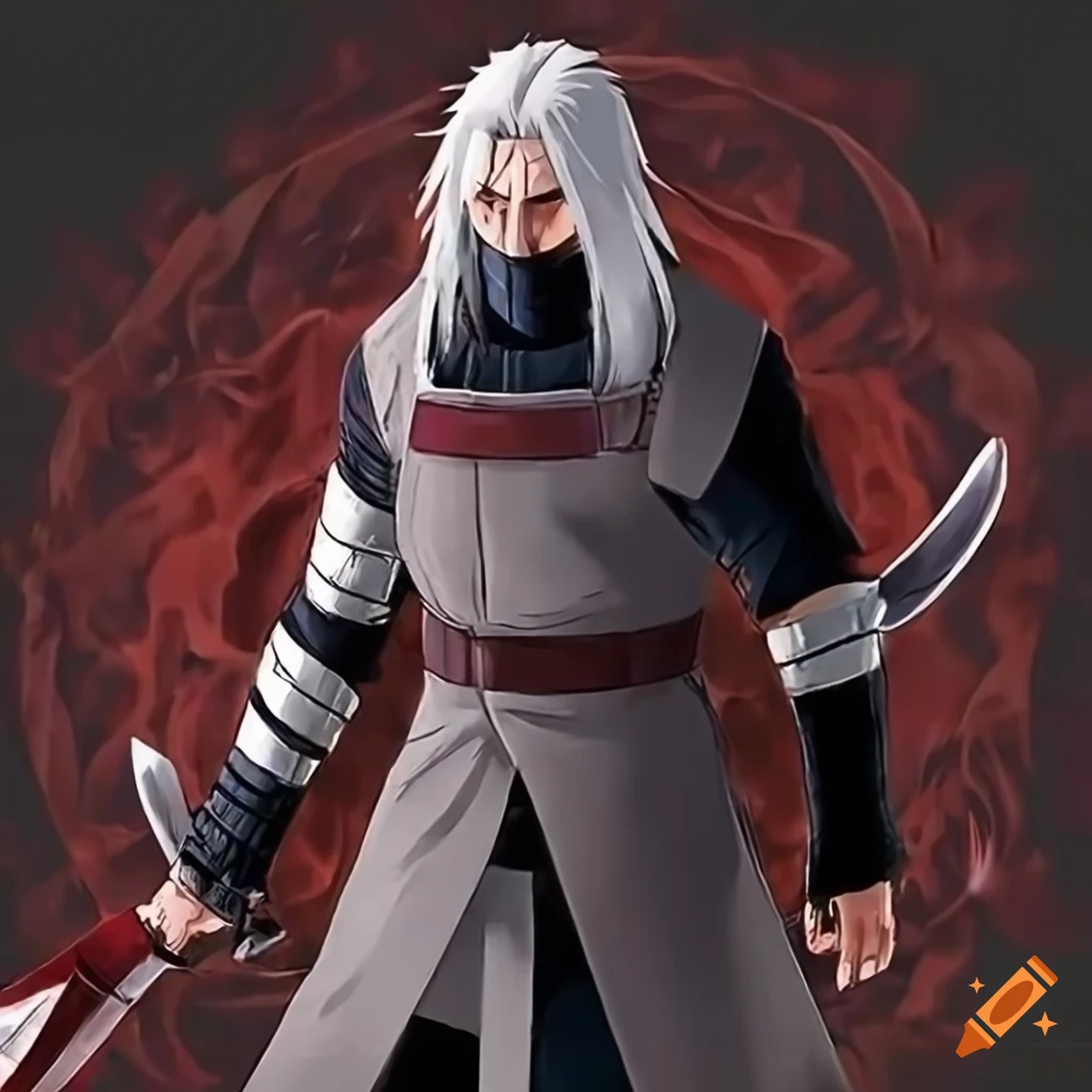 Geralt de Rivia fused with Itachi Uchiha in templar knight armor with buster sword on Craiyon