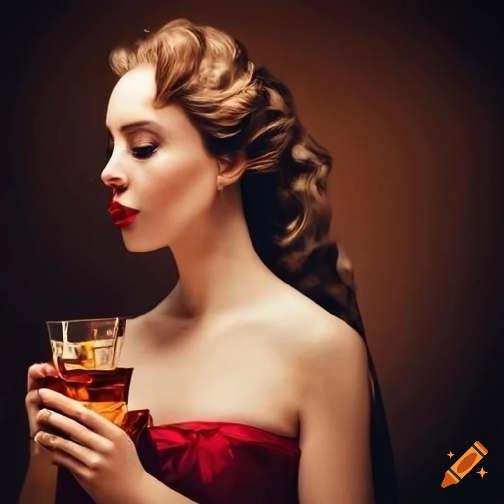 Vintage woman in flowing gown with whiskey glass on Craiyon