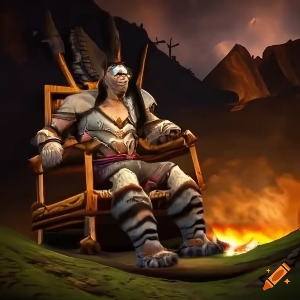 World of warcraft hunter resting in chair with beer while pets battle ...