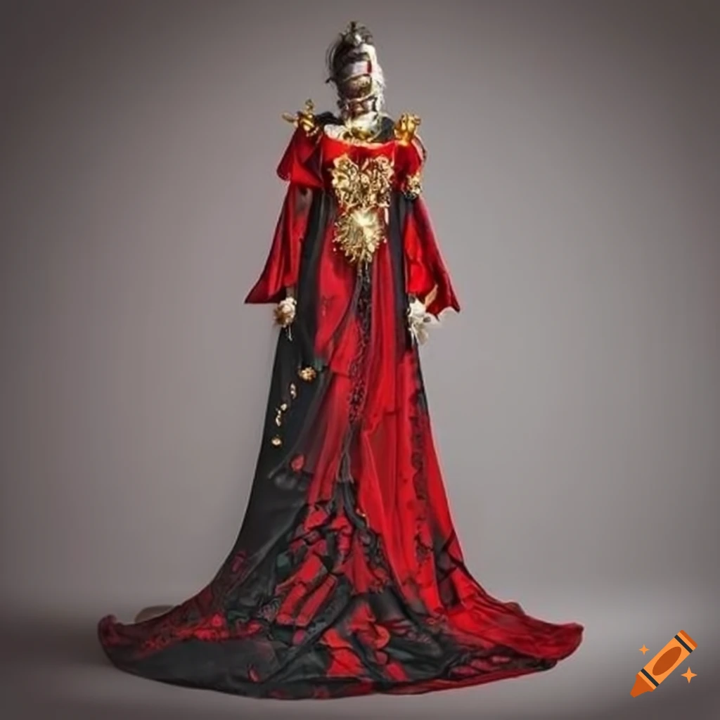 Red, black, and white ritual gown with gold jewelry adornments on Craiyon
