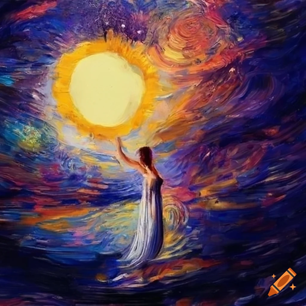Abstract painting in van gogh style with surreal sun, sky, clouds, sea ...