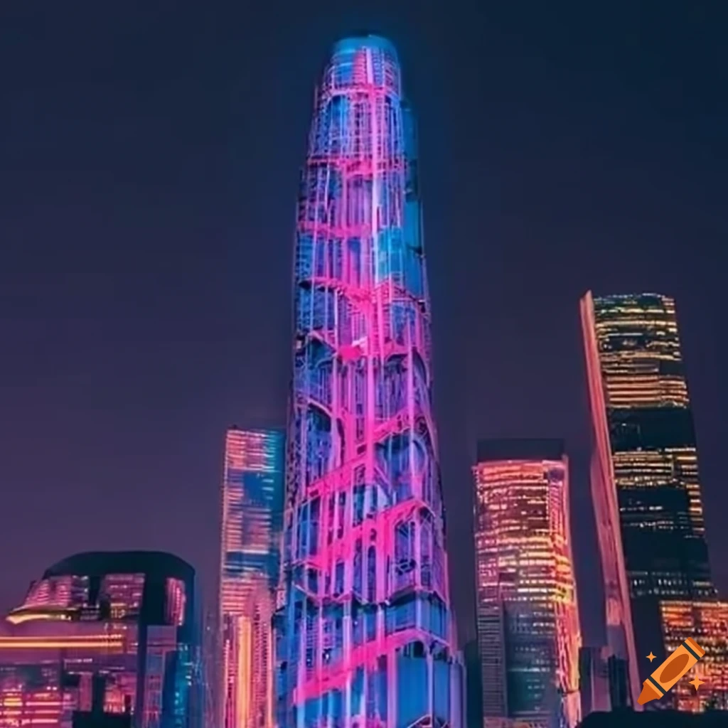 High-tech skyscraper glowing above a modern metropolis with vibrant ...