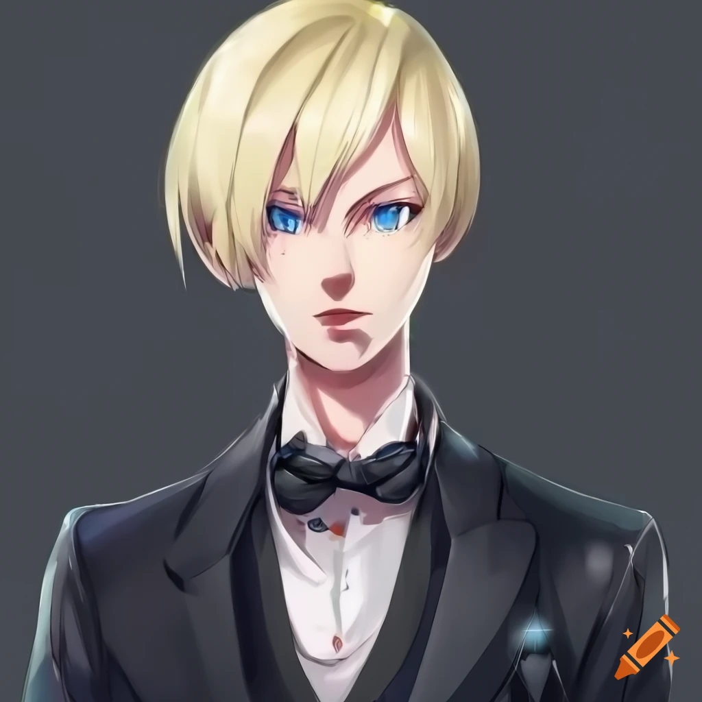 Androgynous anime character with blue eyes, blonde hair, and business ...