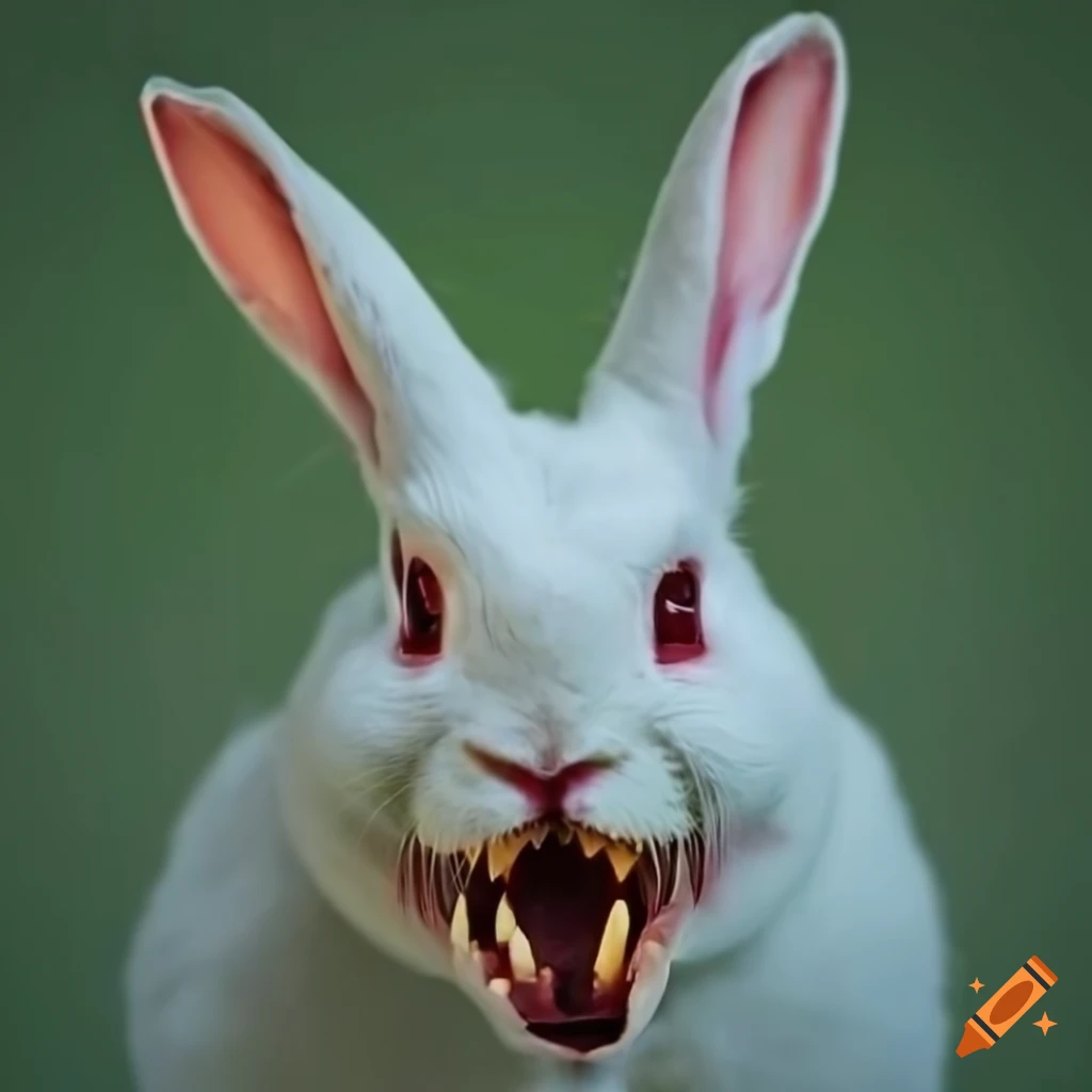 Nightmarish white rabbit with sharp teeth on a green background on Craiyon