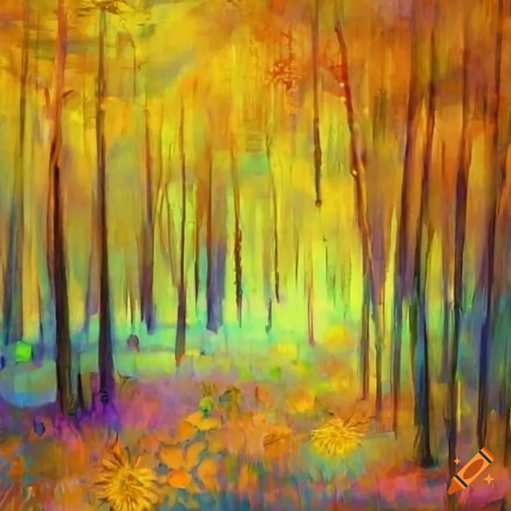 Dandelion scattered forest with an impressionistic style and depth on ...
