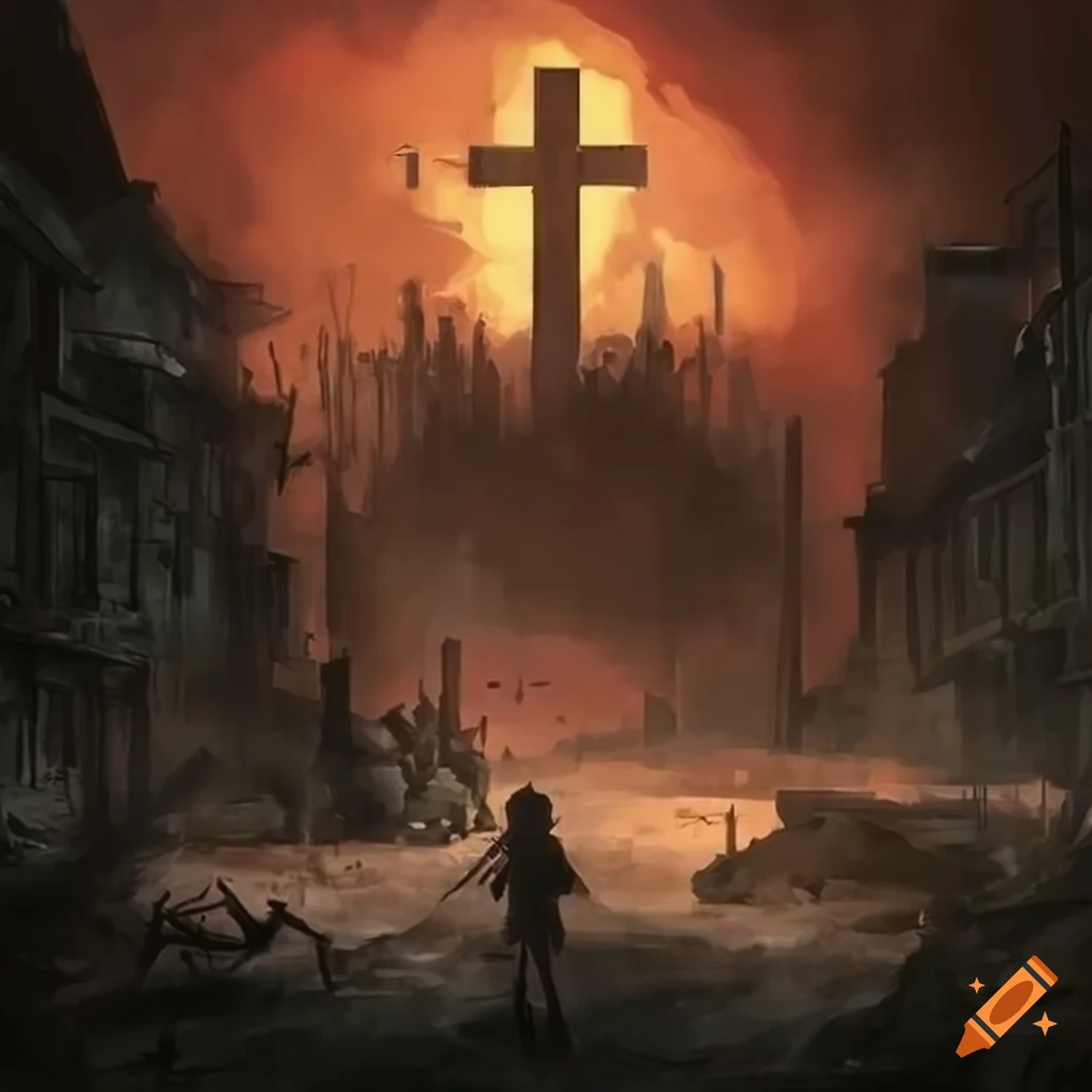 Post-apocalyptic battlefield with a solitary cross symbolizing despair ...