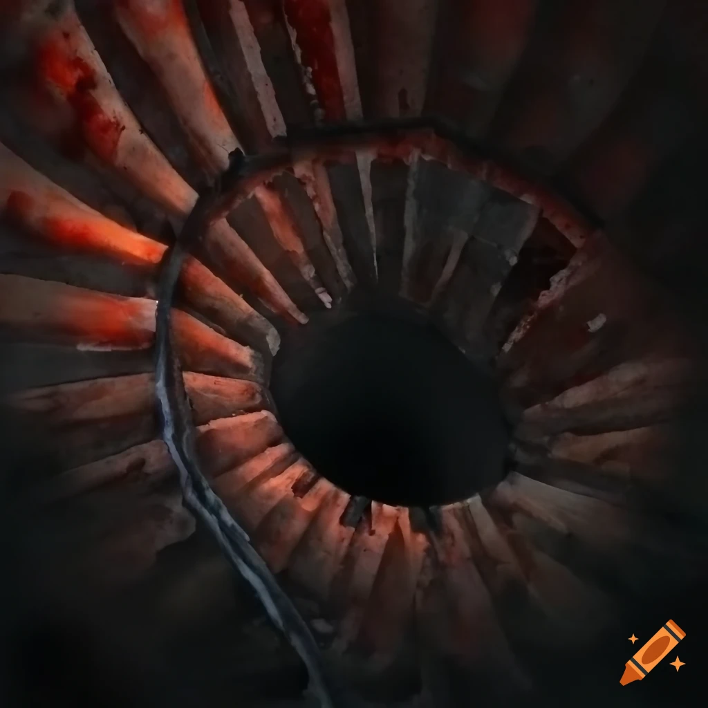 Dark and grainy dungeon with blood stains and a huge descending spiral ...