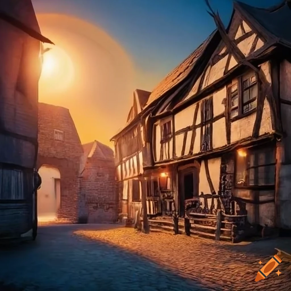 Historic three-story medieval inn in a village with glowing sunbeams on ...
