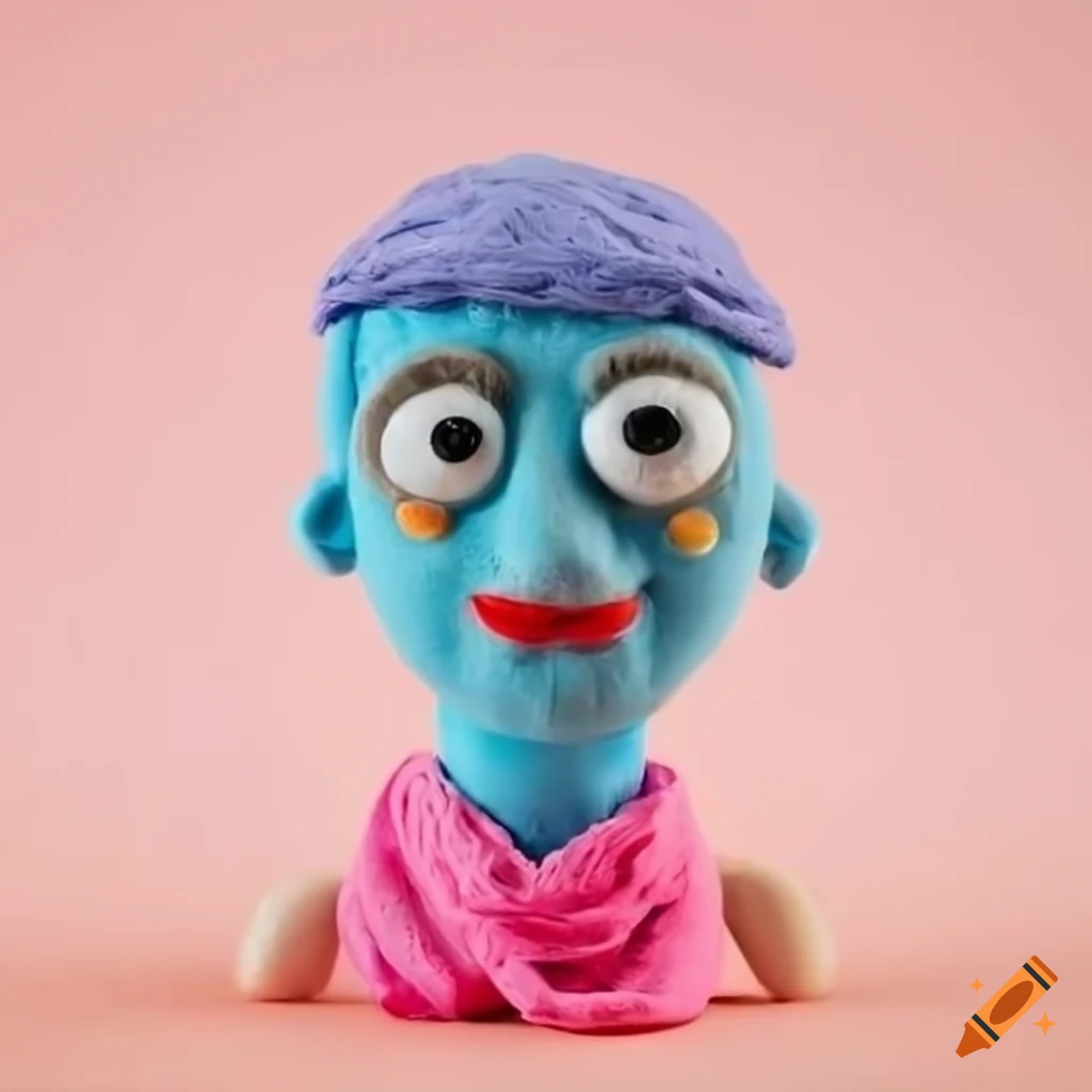 Cute light blue character with a pink scarf and big eyes in plasticine ...