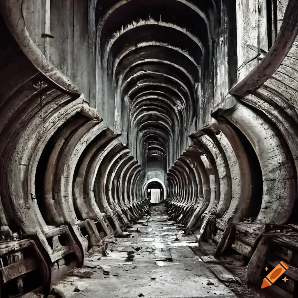 1930 factory interior with concrete pipes, metal galleries, and ...