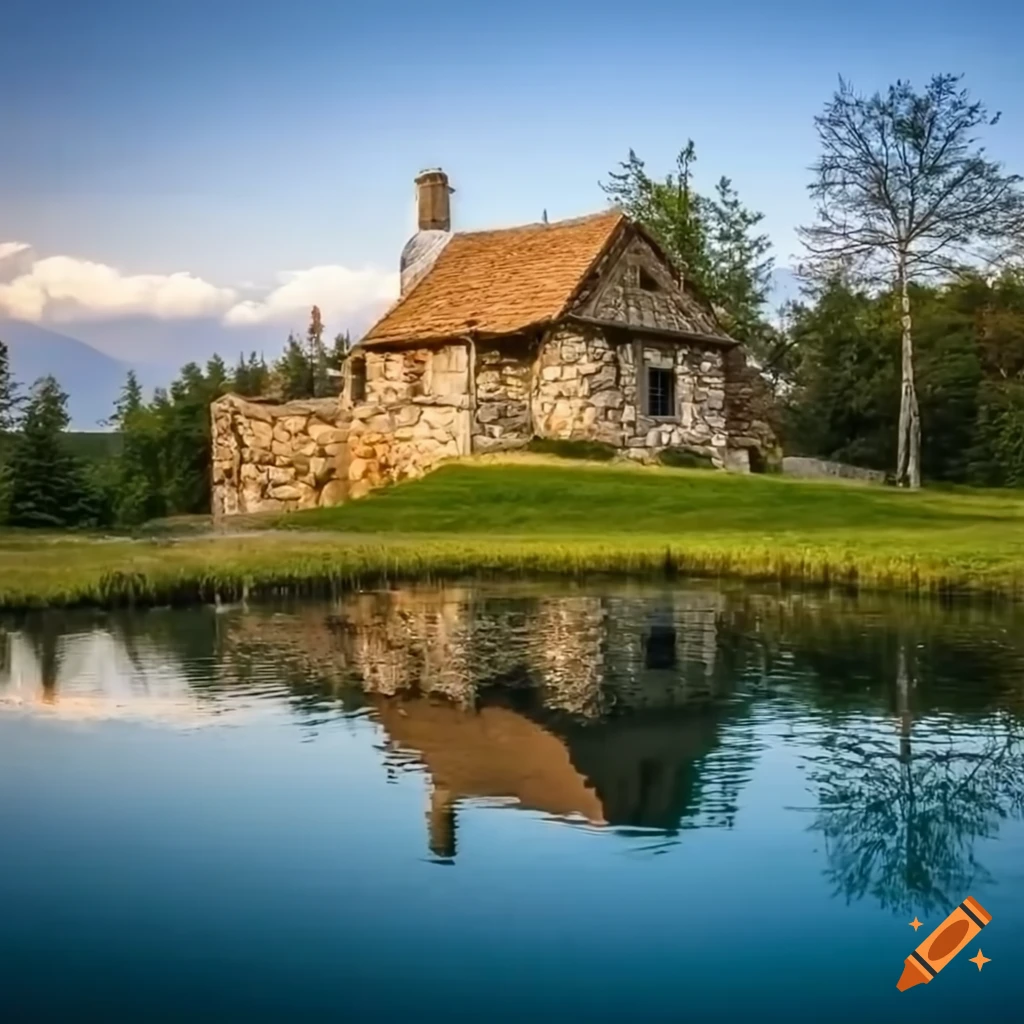 Cozy rustic medieval stone house in a grass field with a lake and ...