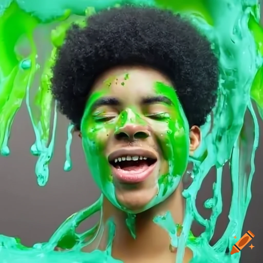 Student with Afro haircut enjoying green slime shower on Craiyon
