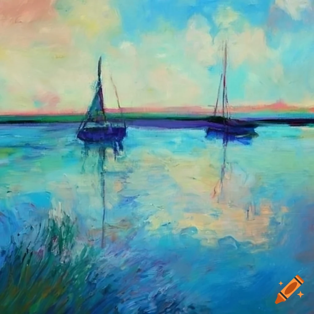Abstract impressionism painting of a small town by the sea with yachts ...