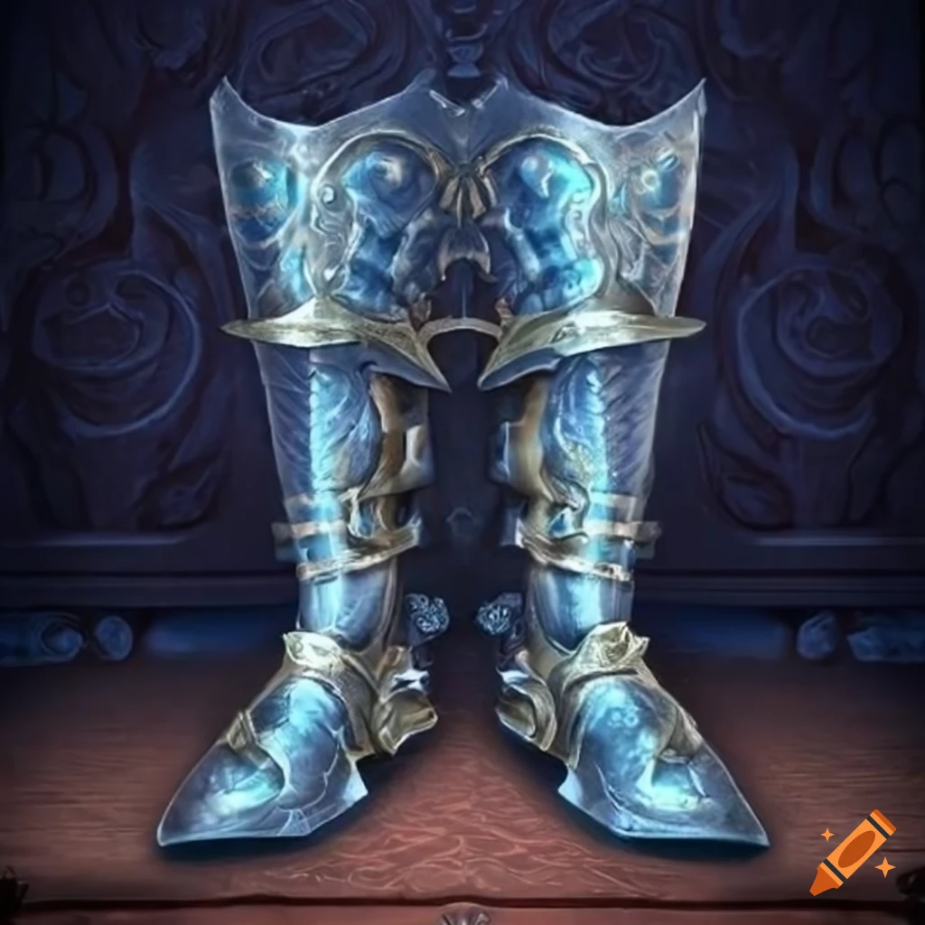 Pair of mithril-plated knight boots with magic aura for rpg game on Craiyon
