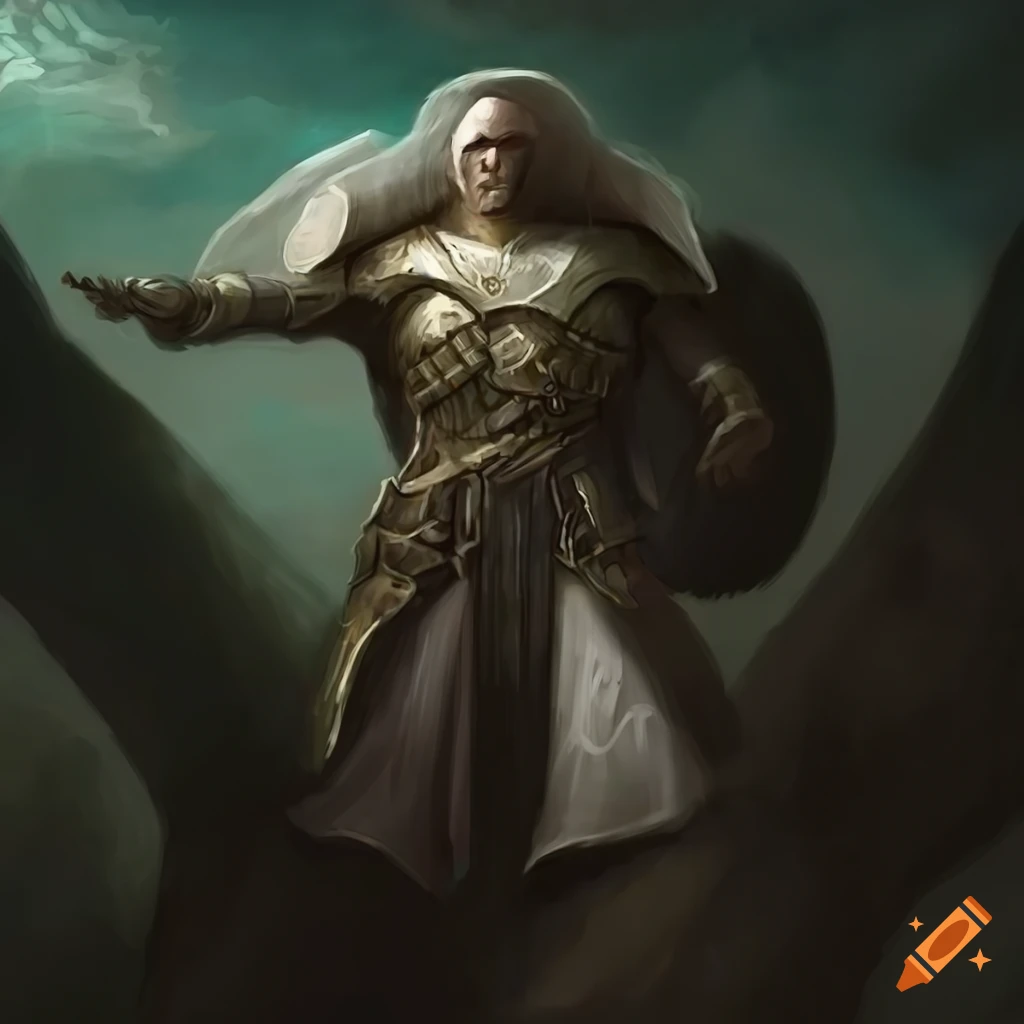 Fantasy soldier protected by aetherial divine light in the style of old ...