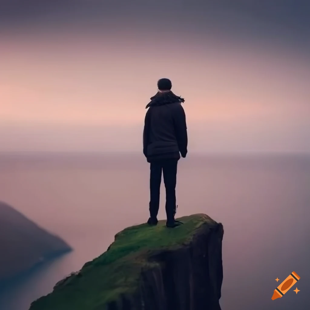 Silhouette of man standing at cliff edge overlooking British ...
