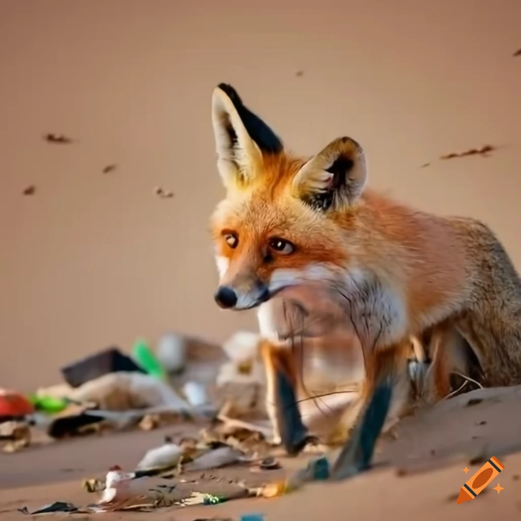 Sad fox in desert surrounded by garbage on Craiyon