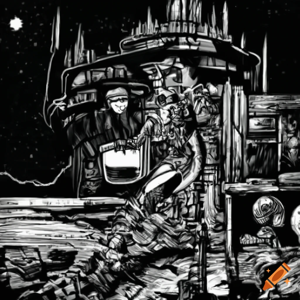 Futuristic cyberpunk landscape with a warrior under stars and planets ...