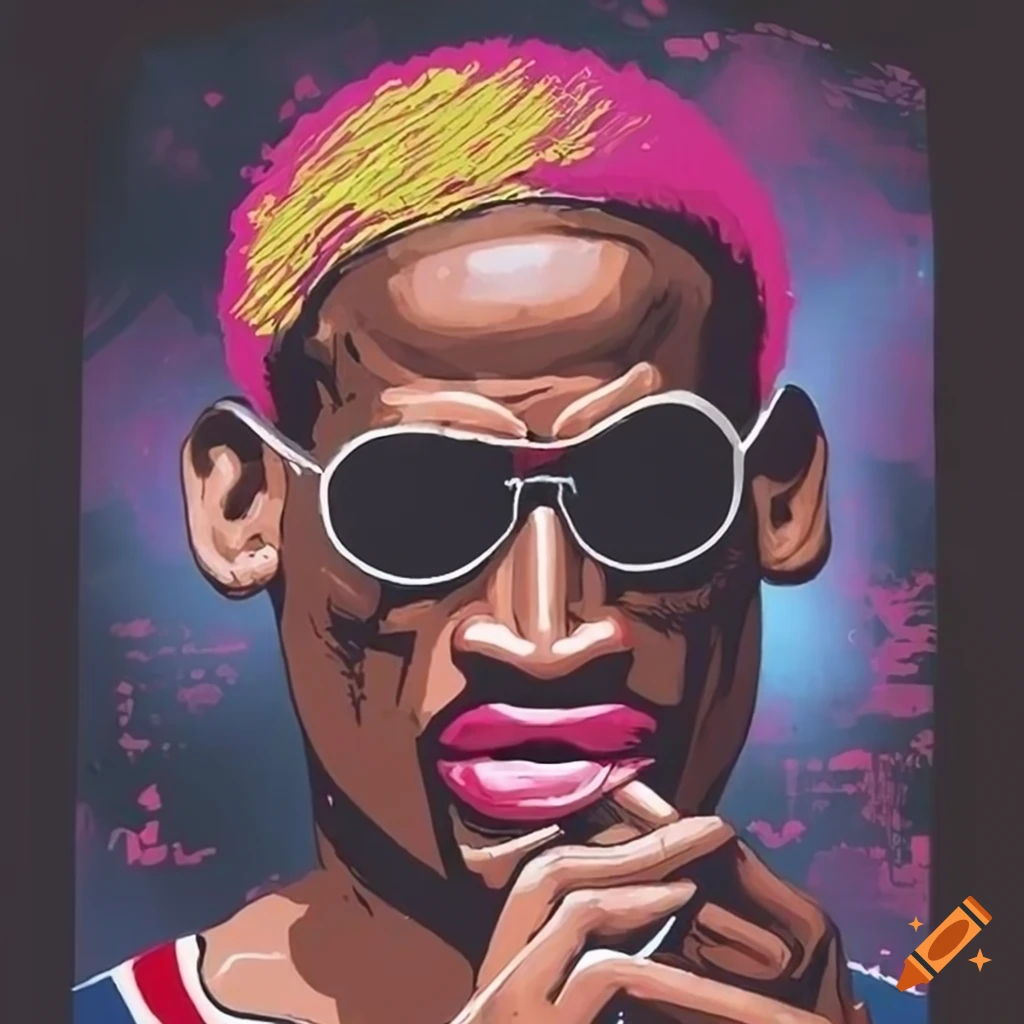 Dennis Rodman in black and pink in a communist propaganda poster on Craiyon