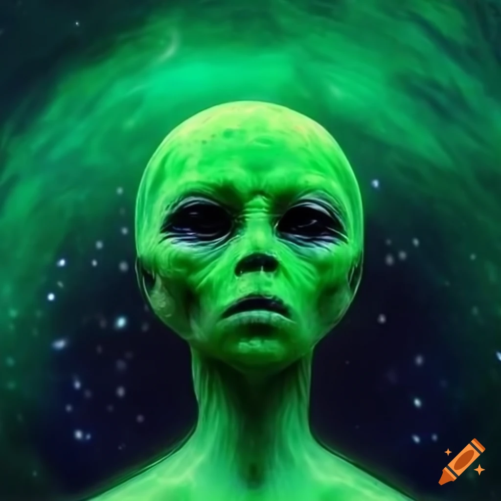 Close-up of mysterious green alien in a ufo on Craiyon