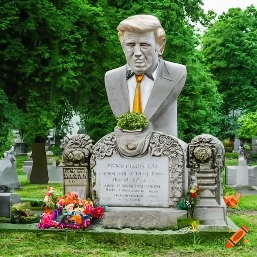 Kitschy grave monument with wreaths and flowers and a stone carved bust ...