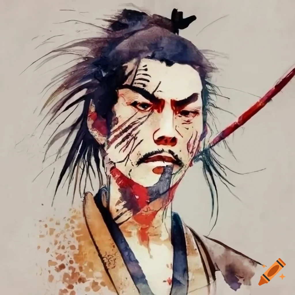 Samurai Miyamoto Musashi in ukiyo-e style with a post-apocalyptic twist ...