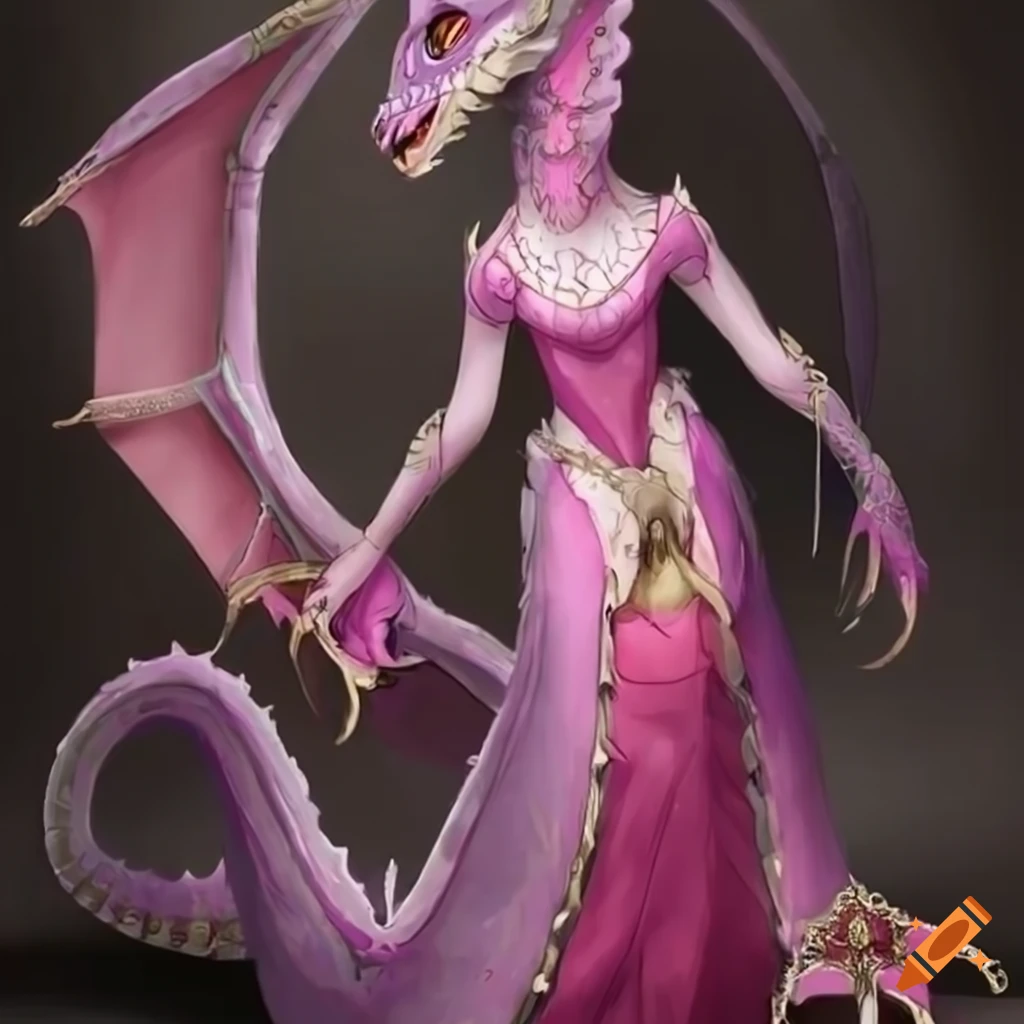 Anthropomorphic dragon in a pink princess dress on Craiyon