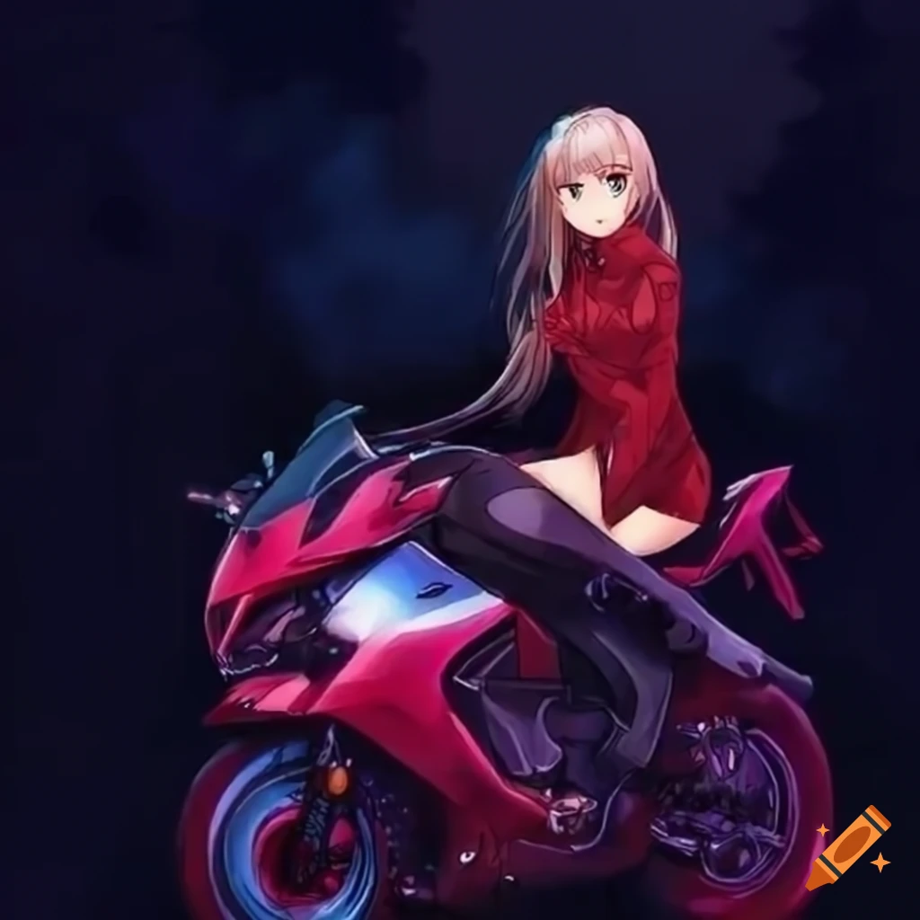Stylish manga anime girl on a motorcycle in full HD on Craiyon