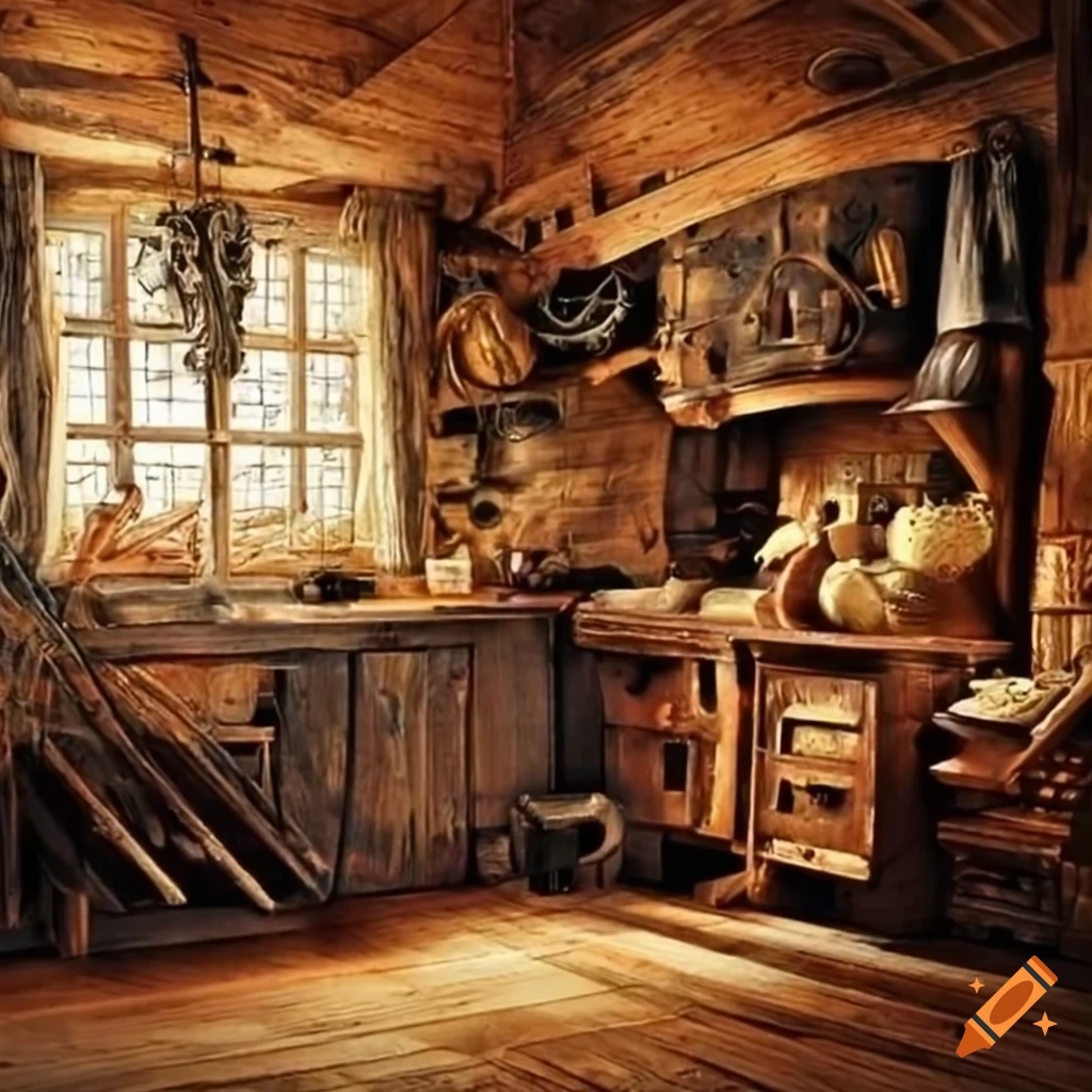 Imaginative pirate ship kitchen with old wood and rustic details on Craiyon