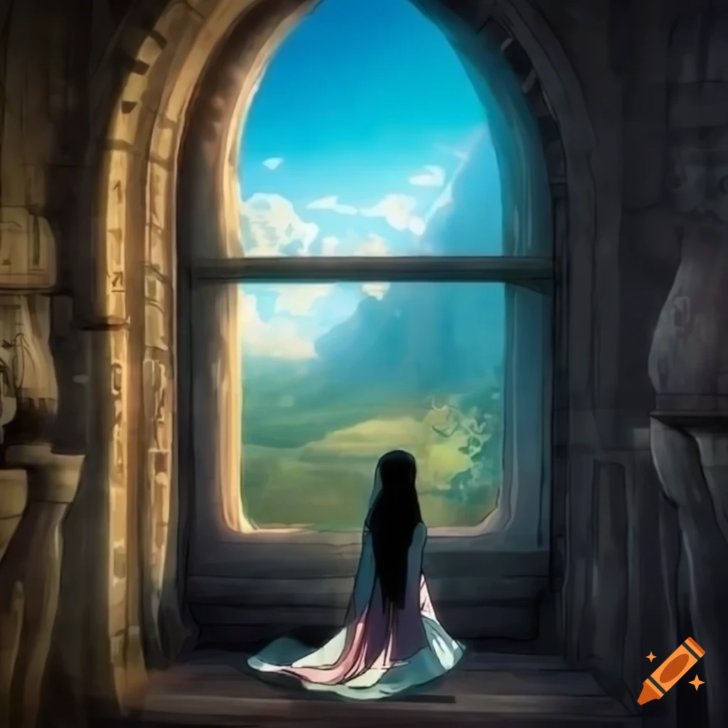 Anime princess with black hair looking out of castle window on Craiyon