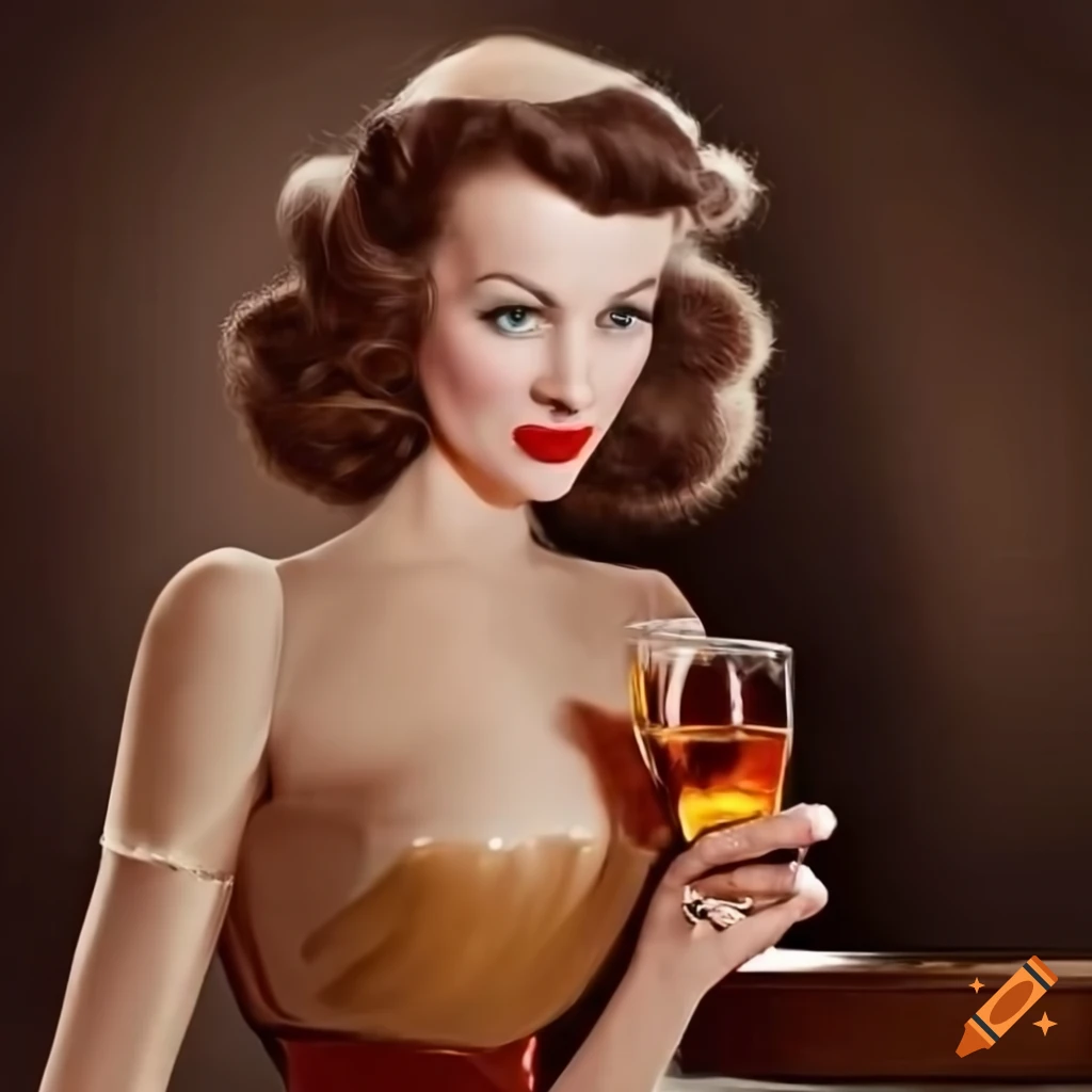 Sophisticated 1940s woman elegantly holding a glass of aged whiskey on Craiyon
