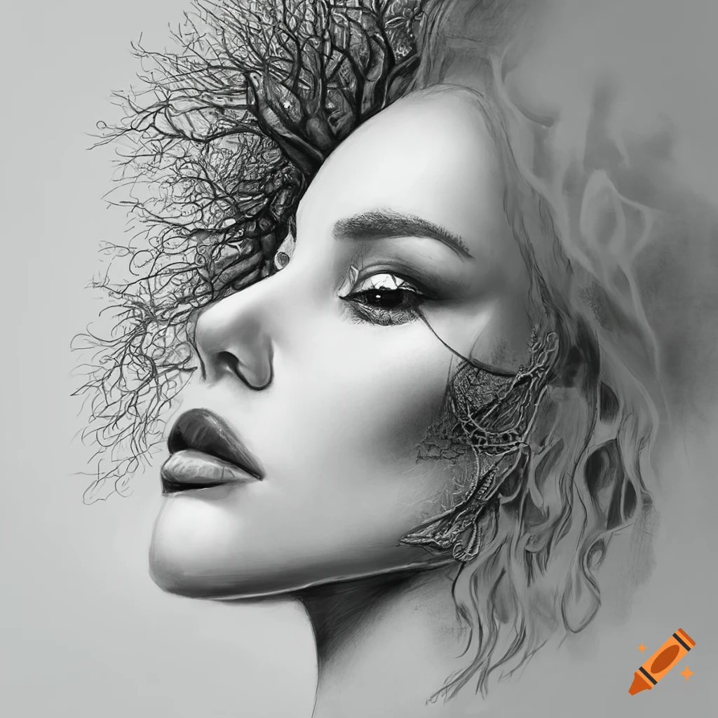 Black and white pencil drawing of female face transforming into tree ...