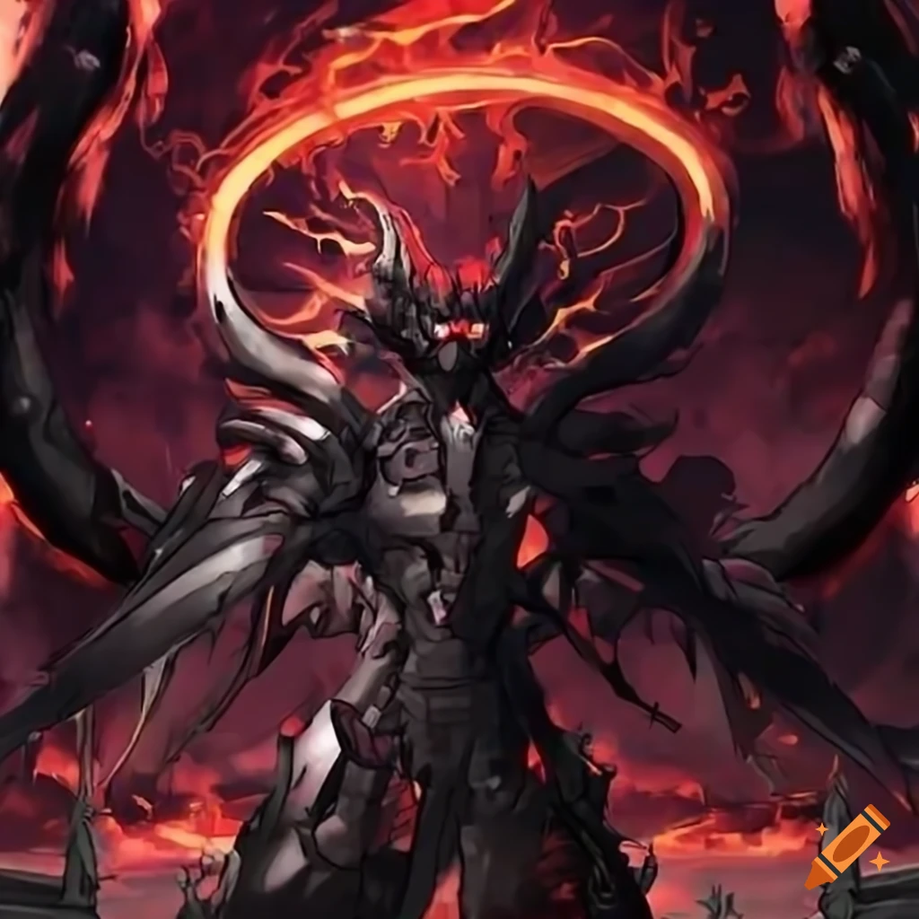Anime demon man in fiery black cosmos with robotic armor and temple ...