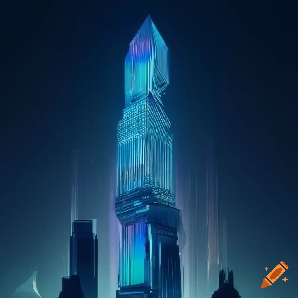 Futuristic sci-fi skyscraper in a neon-lit cityscape on Craiyon