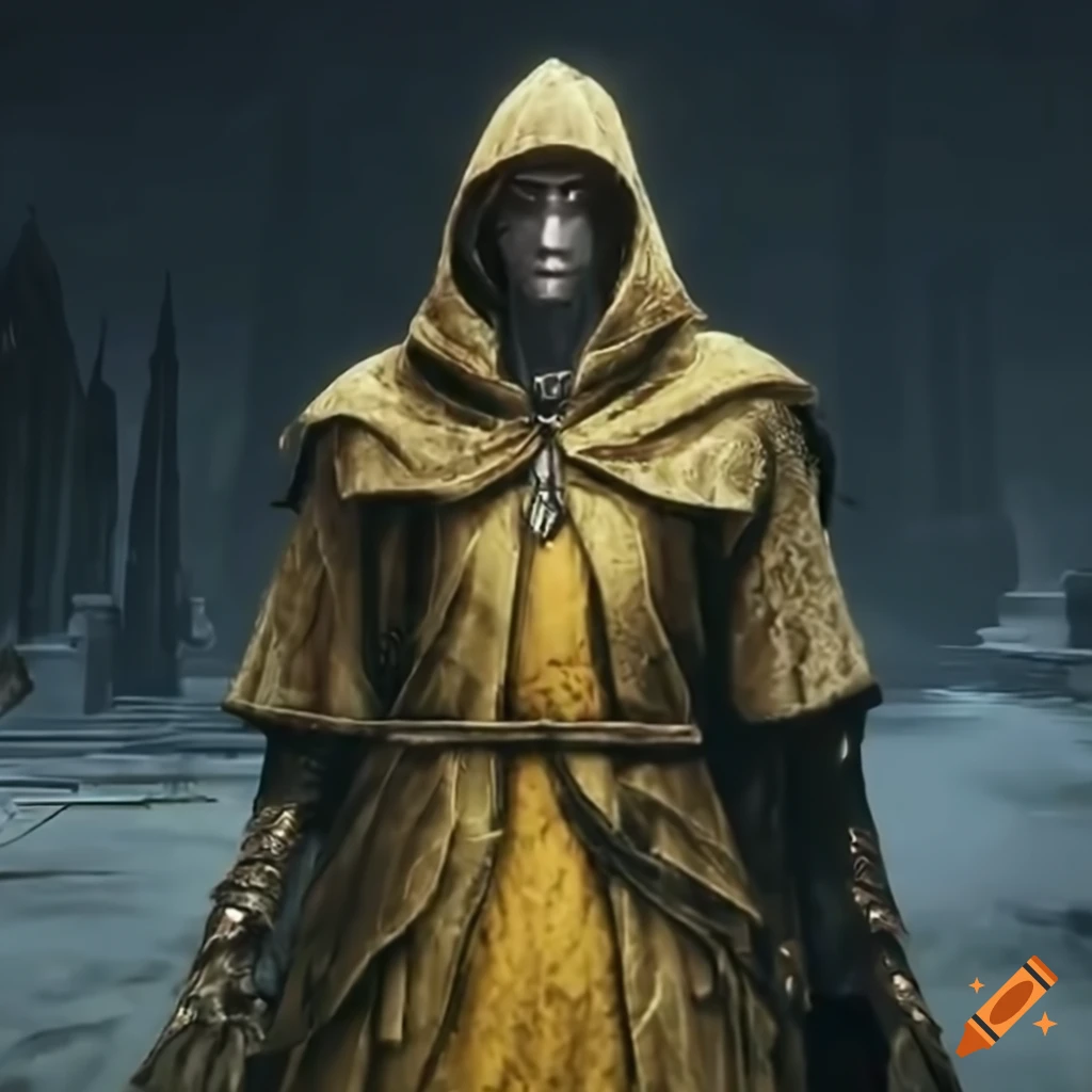 Dark fantasy priest in yellow robe with sceptre from Elden Ring on Craiyon