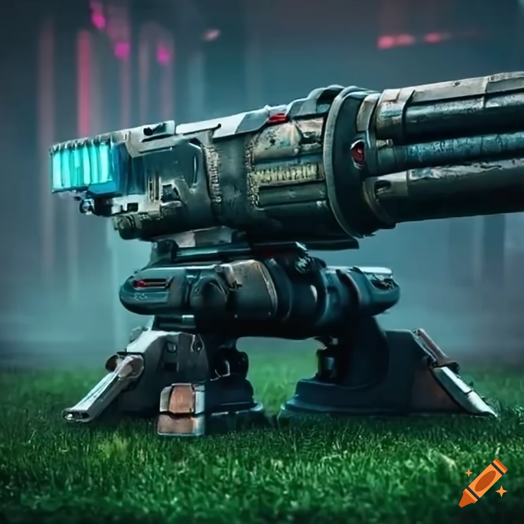 Cyberpunk automated turret heavy pistol barrel with high-tech cords on ...