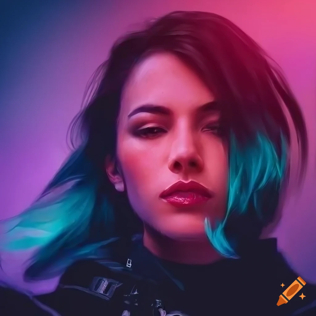 Close-up cyberpunk style head and shoulders shot with intricate skin ...