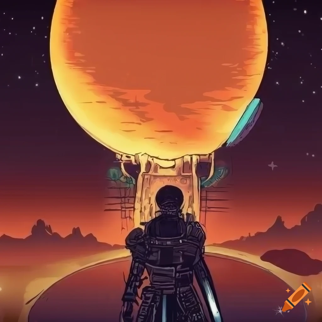 Futuristic cyberpunk landscape with a warrior under stars and planets ...