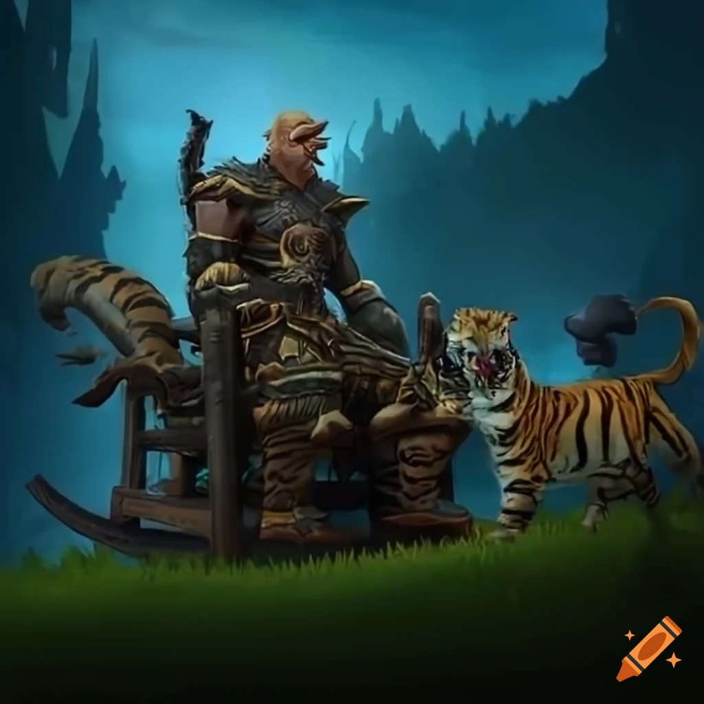 World of warcraft hunter resting in chair with beer while pets battle ...