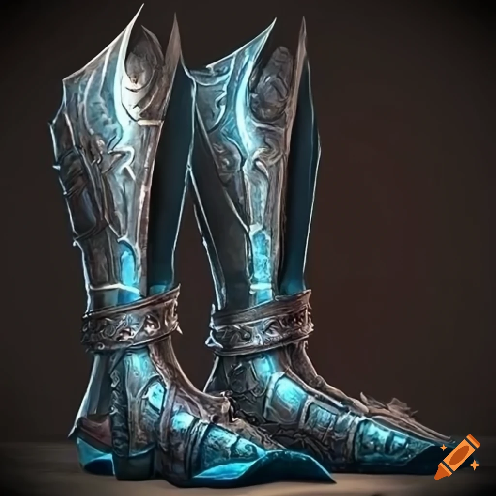 Adorned mithril plated knight boots with magical aura for leg armor ...