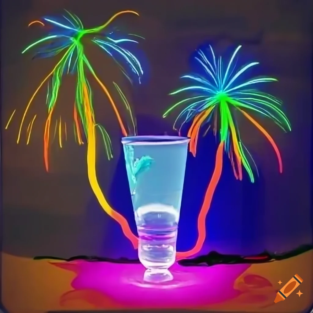 Colorful neon drink with whiskey, gin, and rum on a beach at night with ...