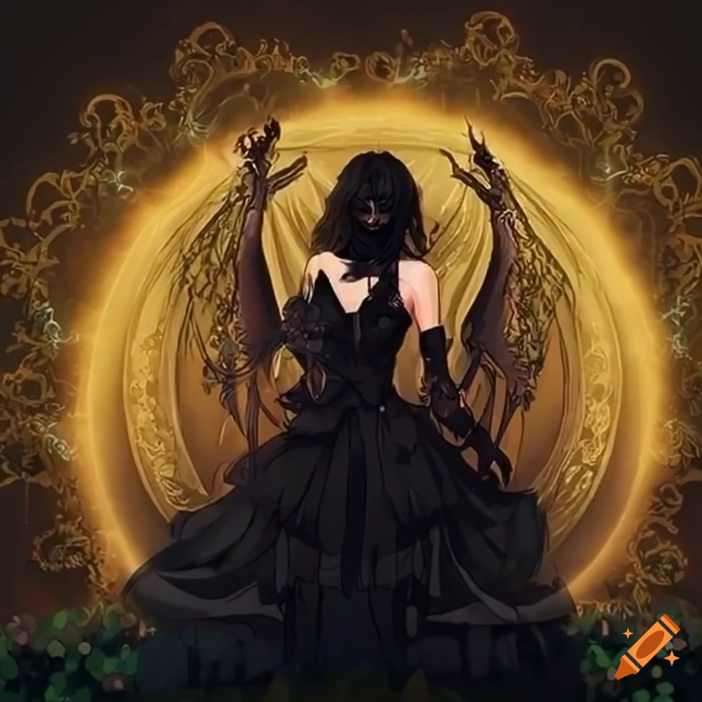 Silhouette of goth woman with golden aura in a flower garden in fantasy ...