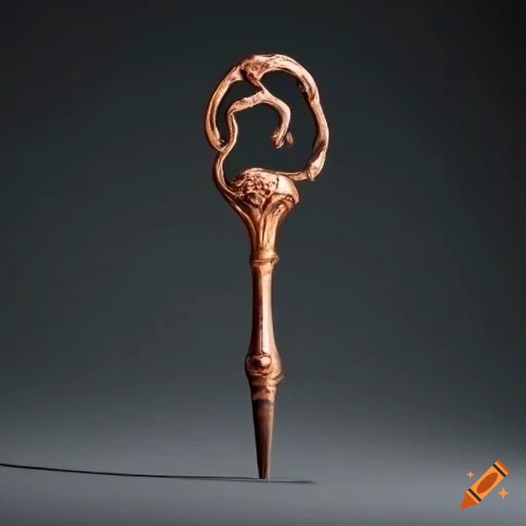 Detailed depiction of an enchanted copper tuning fork with a wooden ...