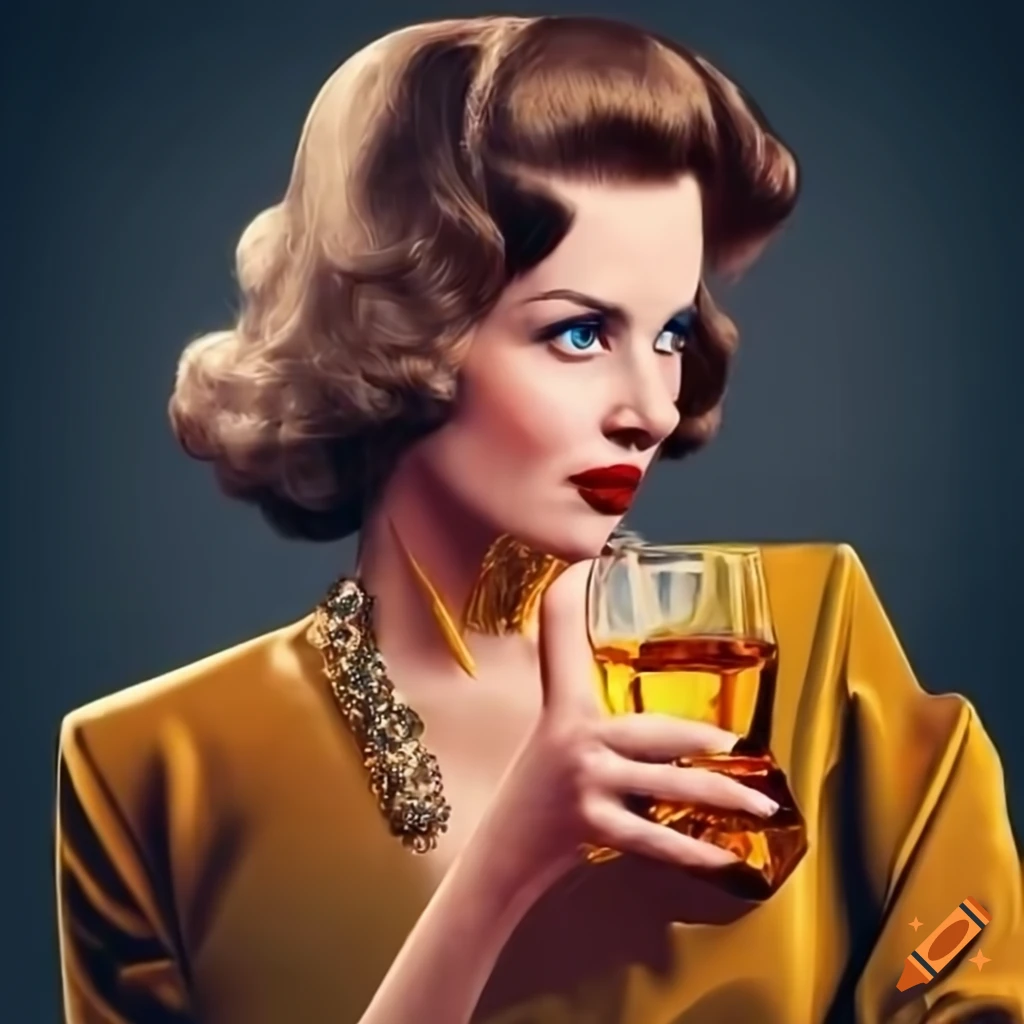 Sophisticated 1940s woman elegantly holding a glass of aged whiskey on Craiyon