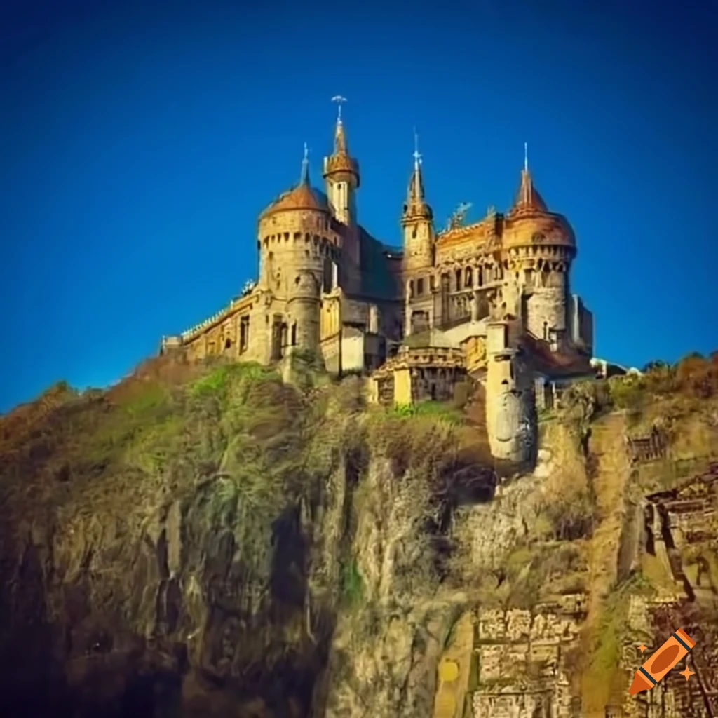 Massive royal palace steampunk castle overlooking a poor village on a ...