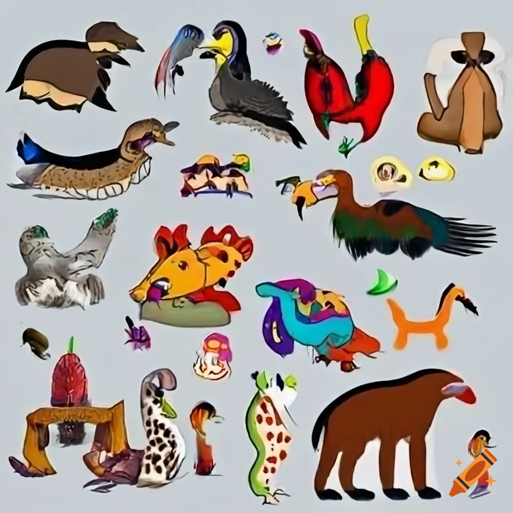 Colorful menagerie of animals including eagle, dragon, fox, dog, lamb ...