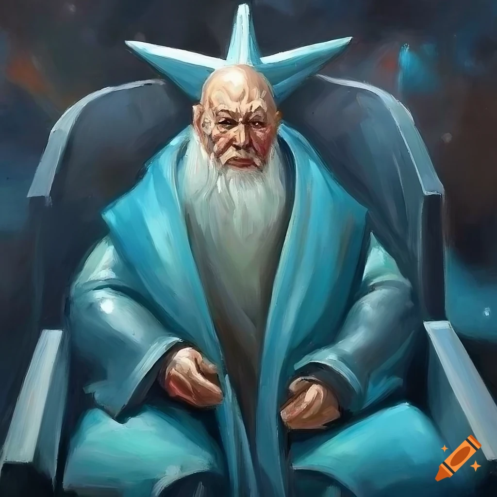 Elderly king in futuristic robes at a starship command console on Craiyon